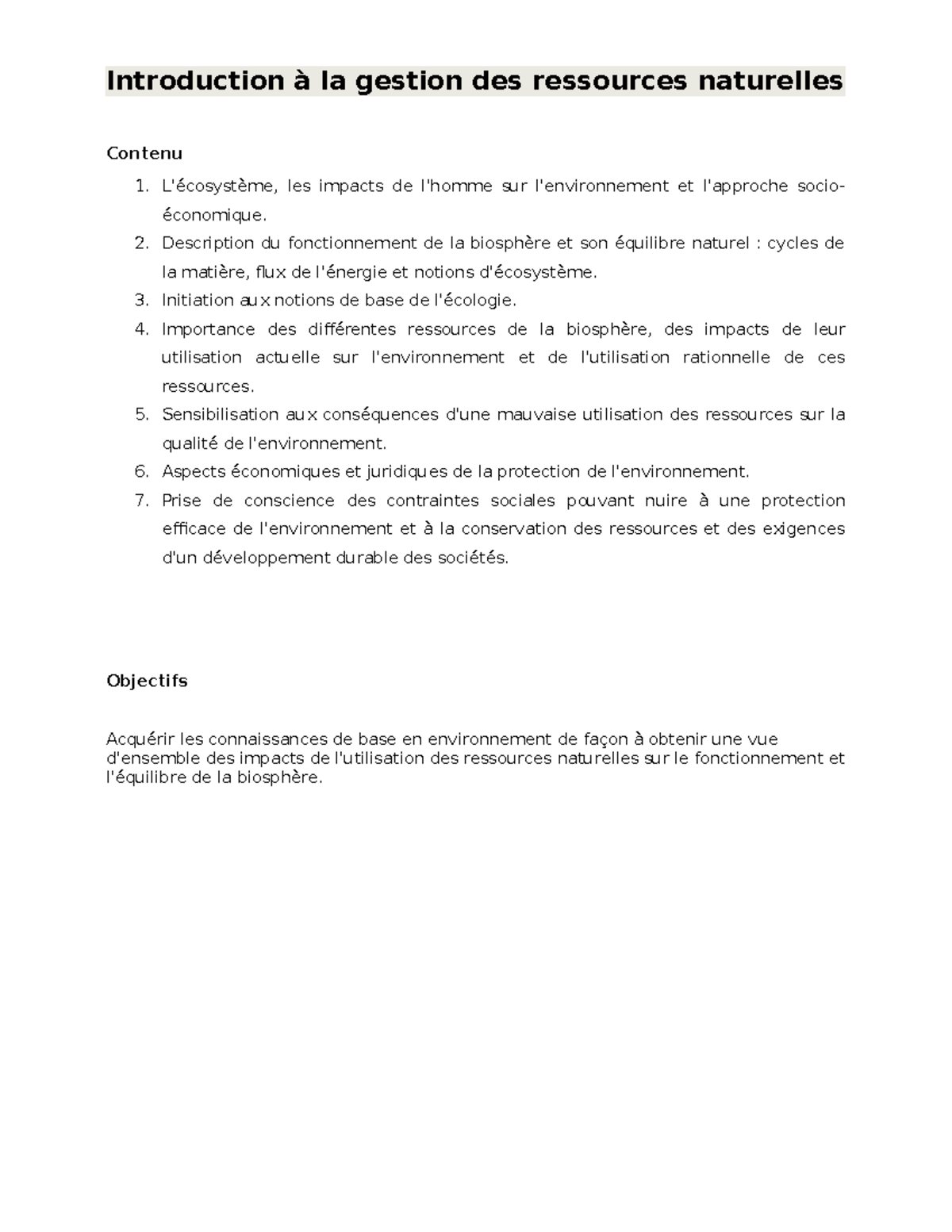 Introduction à la Gestion des Ressources Naturelles - Cours 101 - Studocu