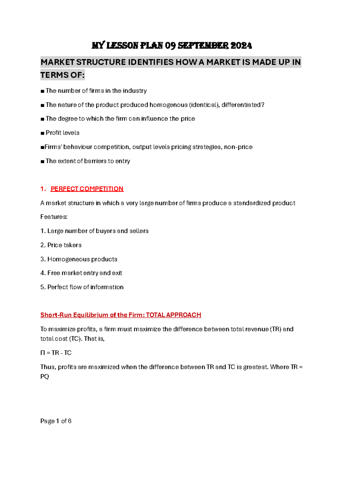 Market Structure Lesson Plan (09 Sept 2024) - Studocu