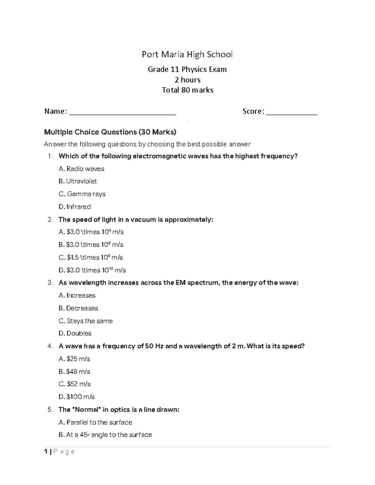 Grade 11 Physics Exam (2026) - Multiple Choice & Short Answer - Studocu