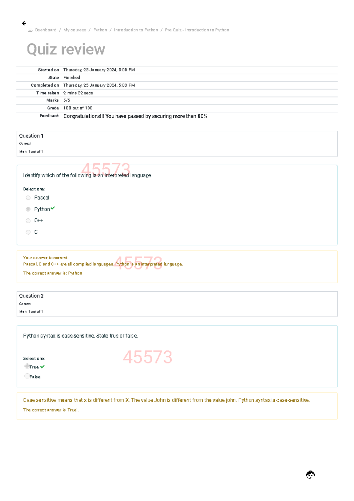 Python 45573 Quizzes: Introduction & Control Structures Review - Studocu