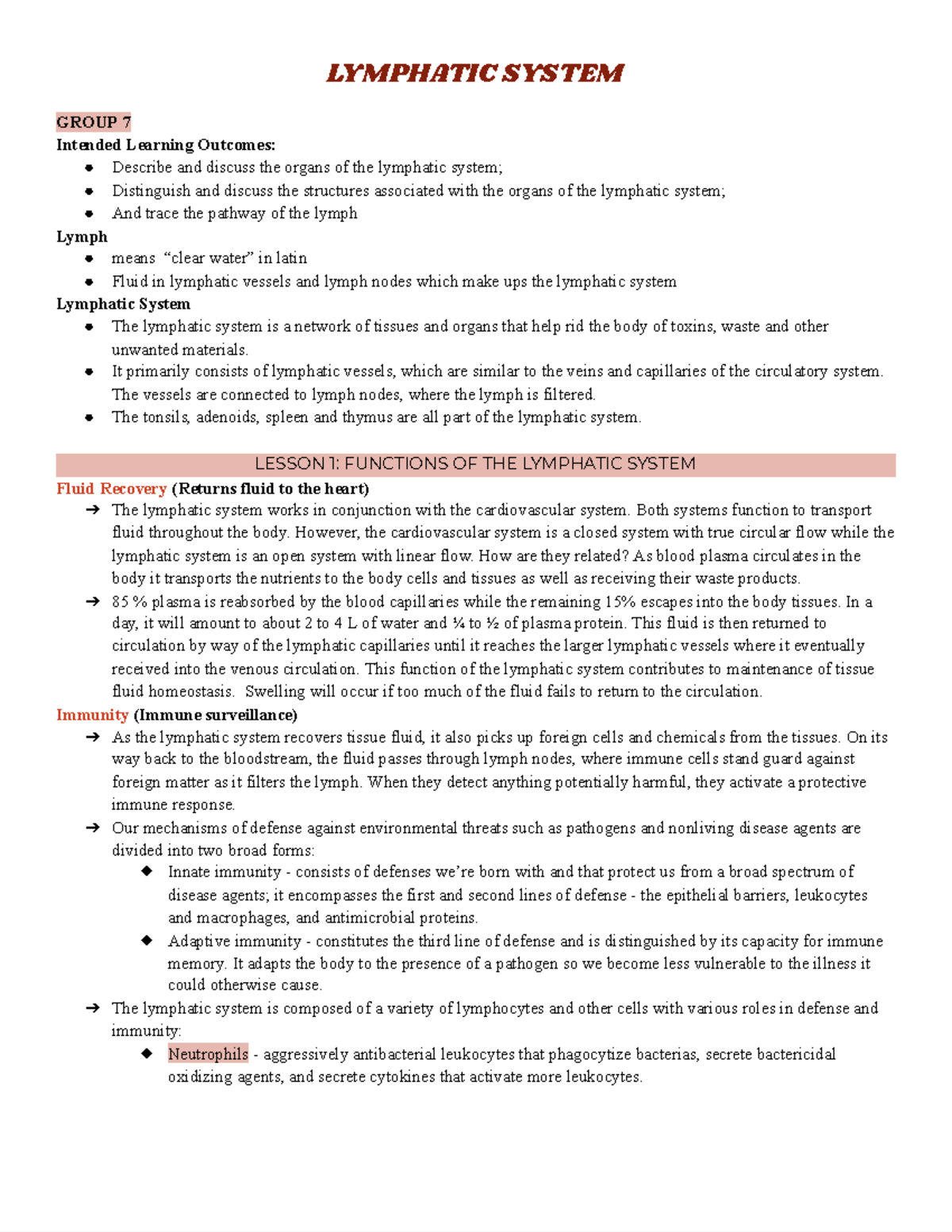 Lymphatic System - Lecture notes 1 - GROUP 7 Intended Learning Outcomes ...