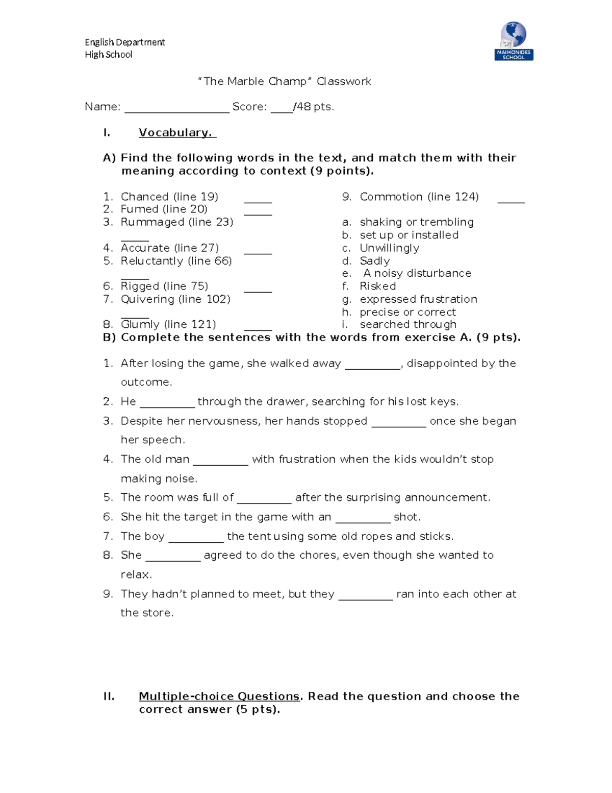 The Marble Champ Vocabulary and Comprehension Worksheet - Studocu