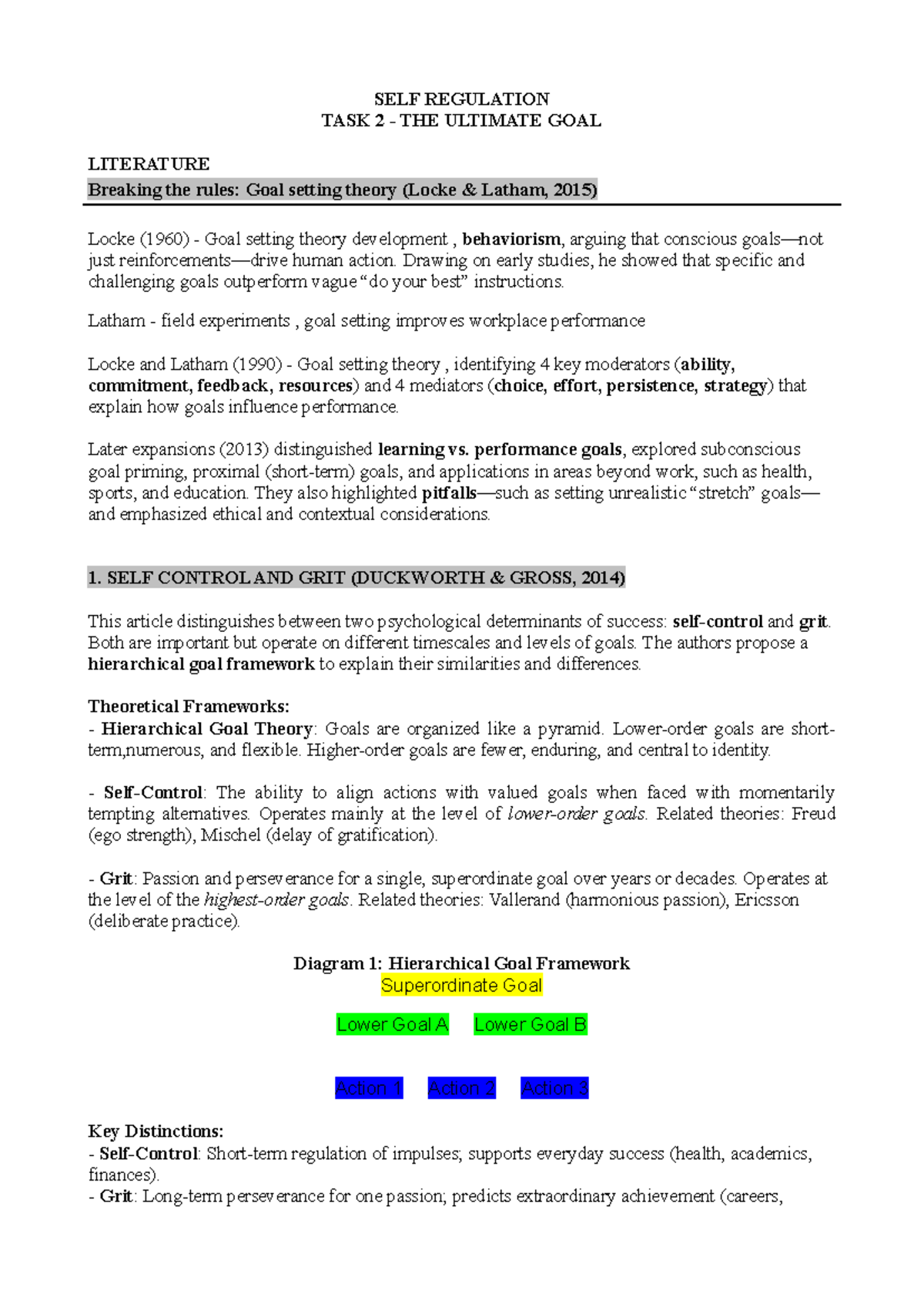 Self Regulation Task 2: Goal Setting Theory & Grit Insights - Studeersnel
