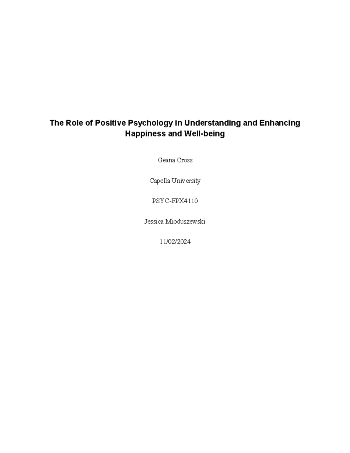 PSYC-FPX Positive Psychology Assessment 1: Enhancing Well-Being - Studocu