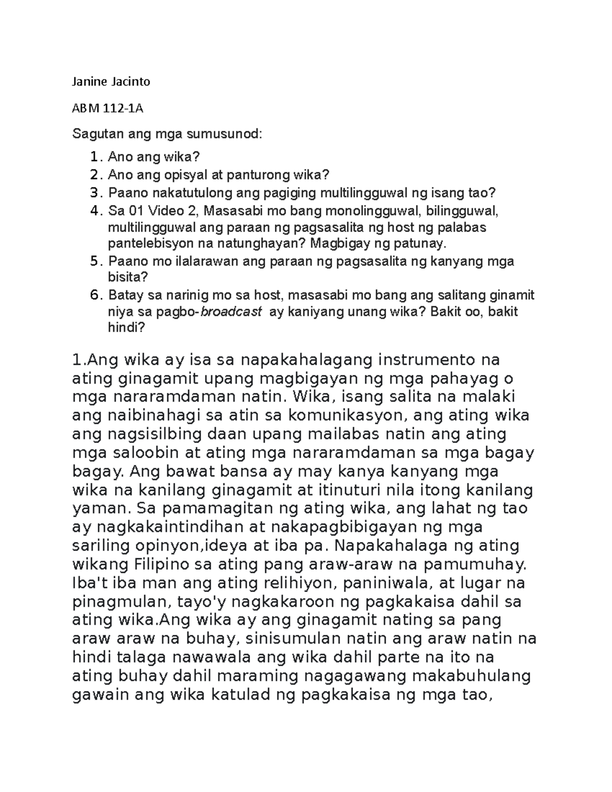 ABM 112-1A Essay: Wika at Multilingguwalismo sa Pilipinas - Studocu