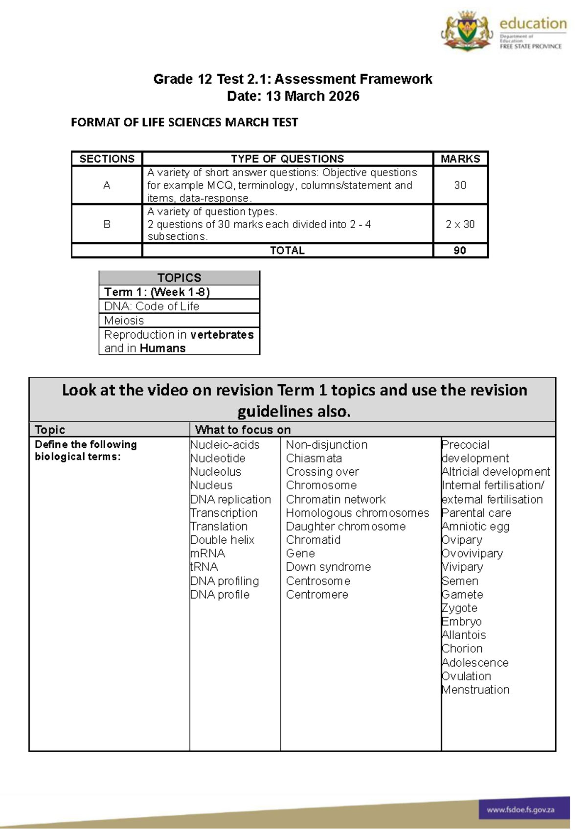 LFSC GR 12 Life Sciences Test 2.1 Assessment Framework March 2026 - Studocu