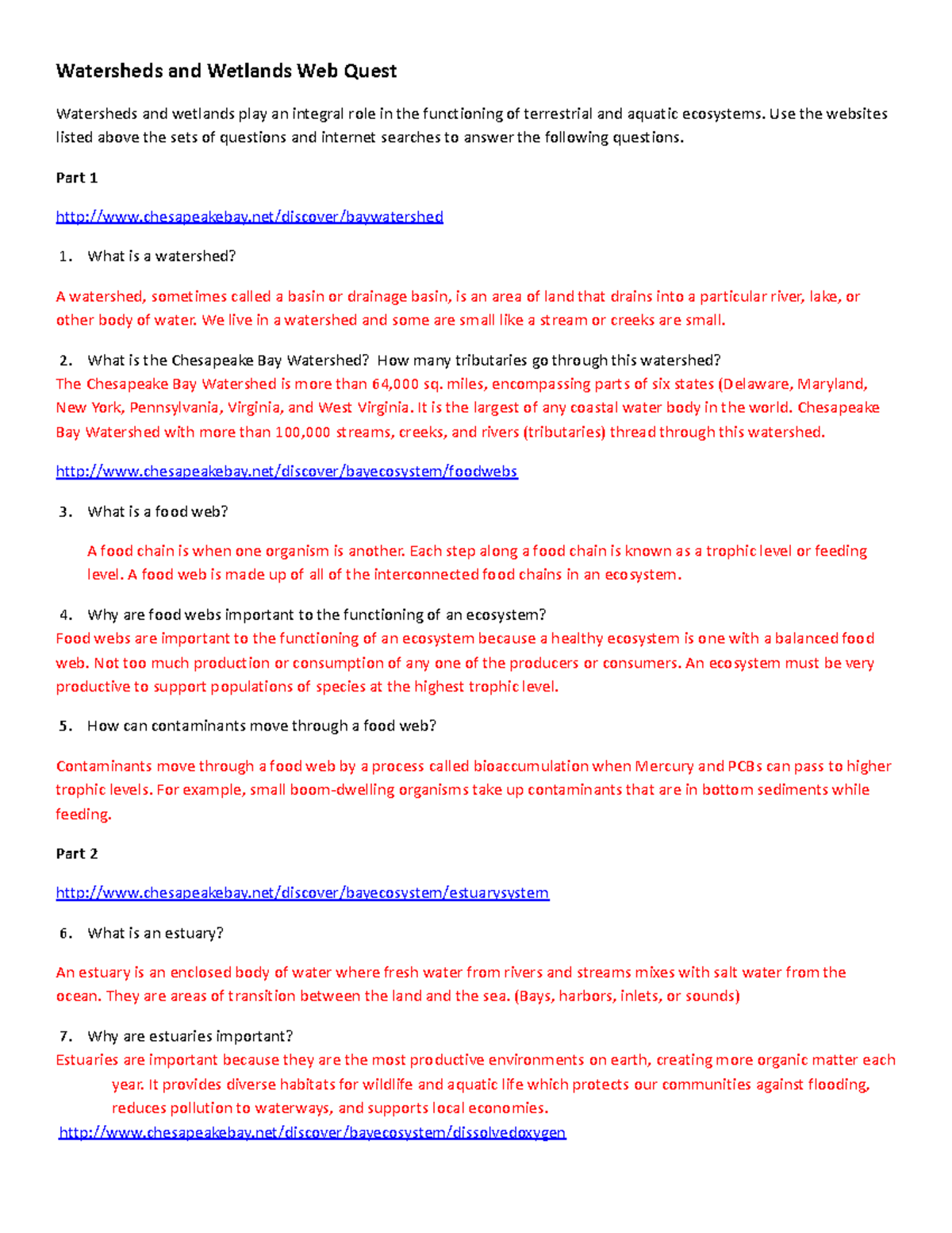Watersheds and Wetlands Web Quest - Life Cycle, Health & Ecosystem ...