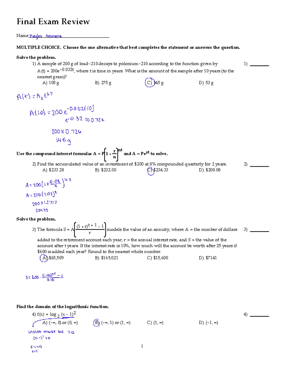 Final Exam Review: Multiple Choice Questions (MATH 101) - Studocu
