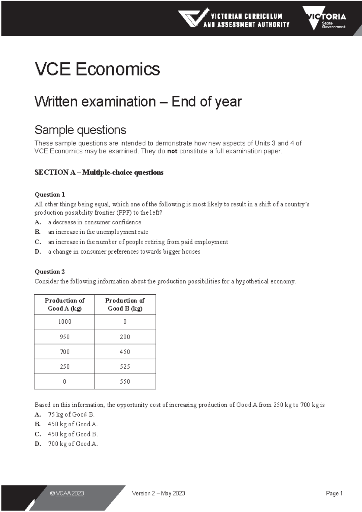 VCE Economics Sample Exam Questions and Answers - End of Year - Studocu