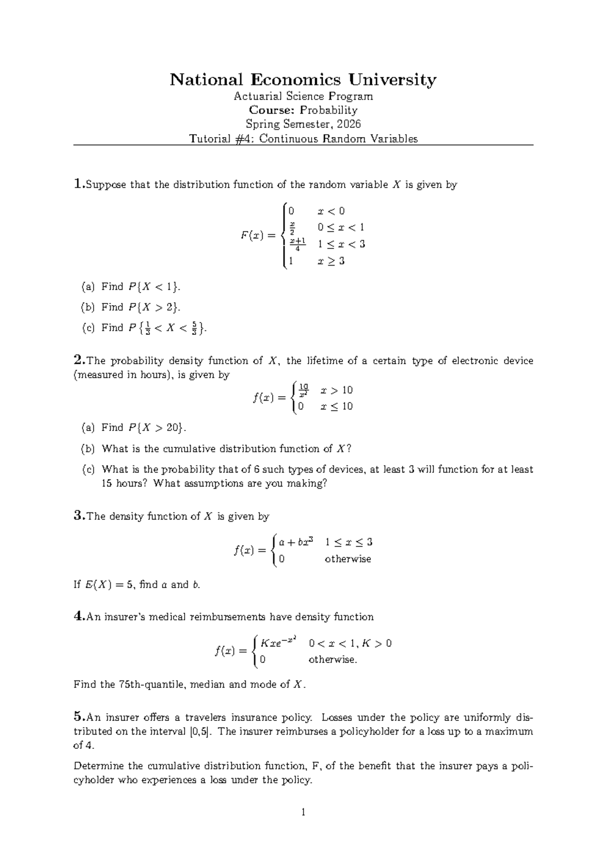 Probability Tutorial on Continuous Random Variables for Actuary 67B ...