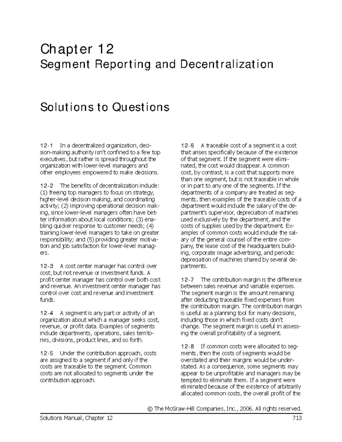 Segment Reporting & Decentralization: Solutions Manual (Chap 12) - Studocu