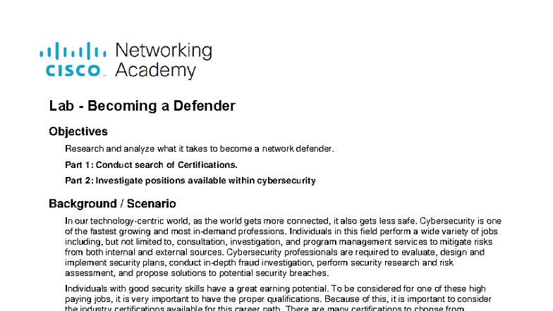 Lab: Becoming a Network Defender - Objectives & Certifications - Studocu
