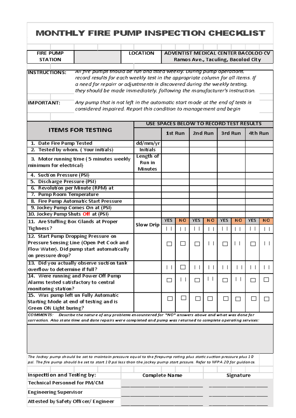 Monthly Fire Pump Inspection Checklist - BOSH - Studocu