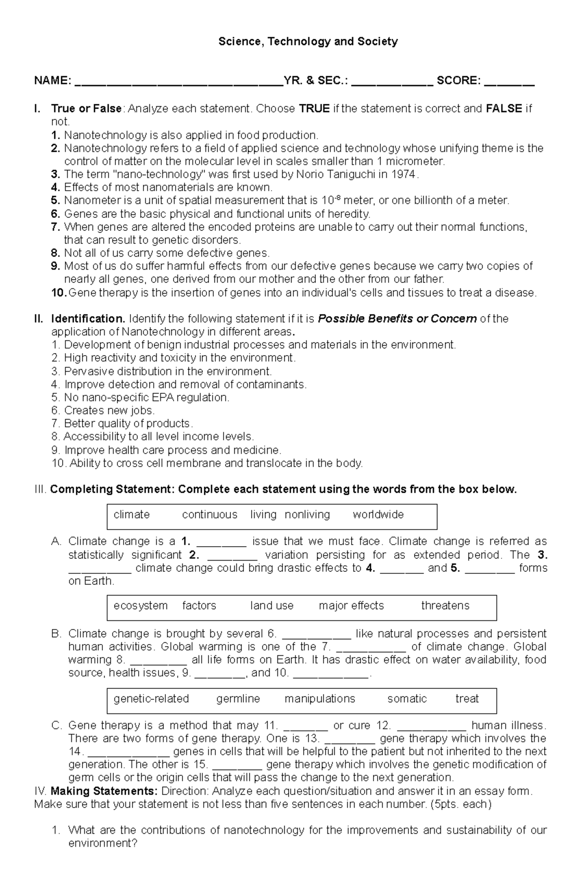 STS Exam With Answer Key - Science, Technology and Society NAME: - Studocu