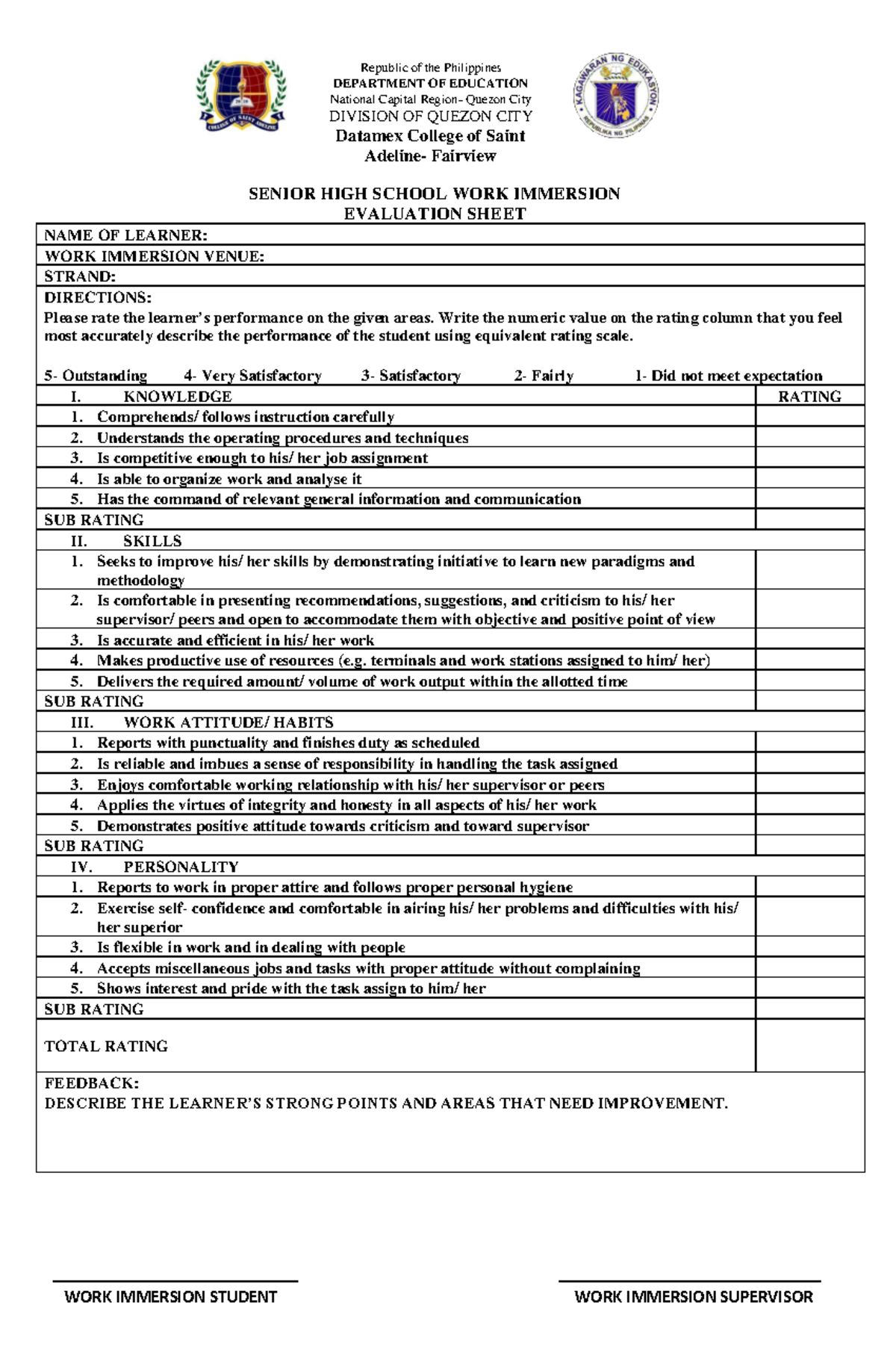 DCSA WORK Immersion Evaluation Sheet 1 - Republic of the Philippines ...