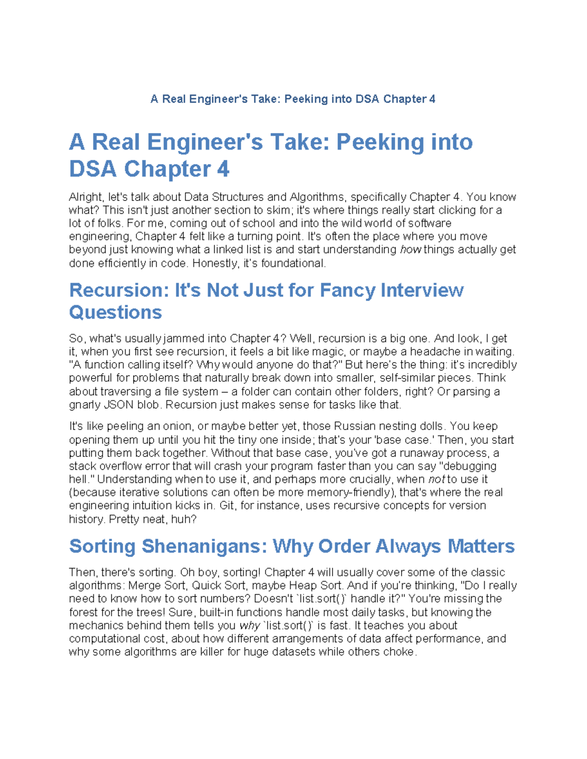 DSA 101: Insights into Chapter 4 - Recursion & Sorting Explained - Studocu