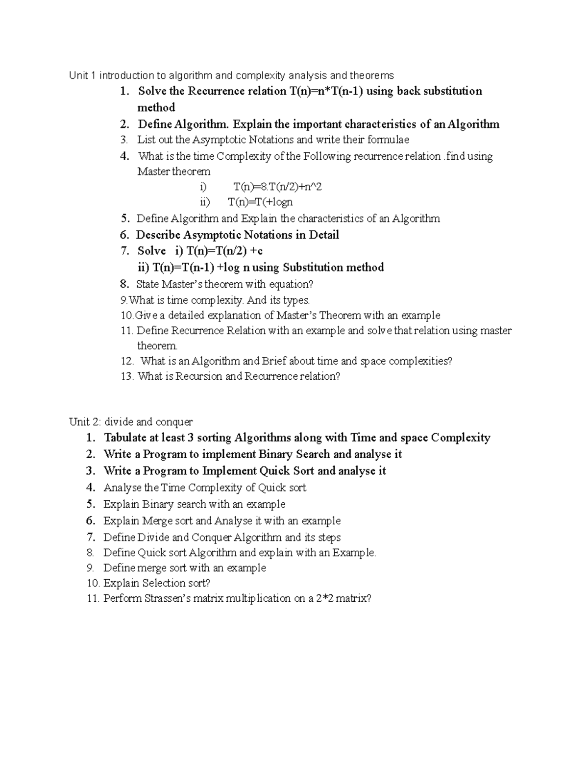 DAA questions bank - Unit 1 introduction to algorithm and complexity analysis and theorems 1 ...