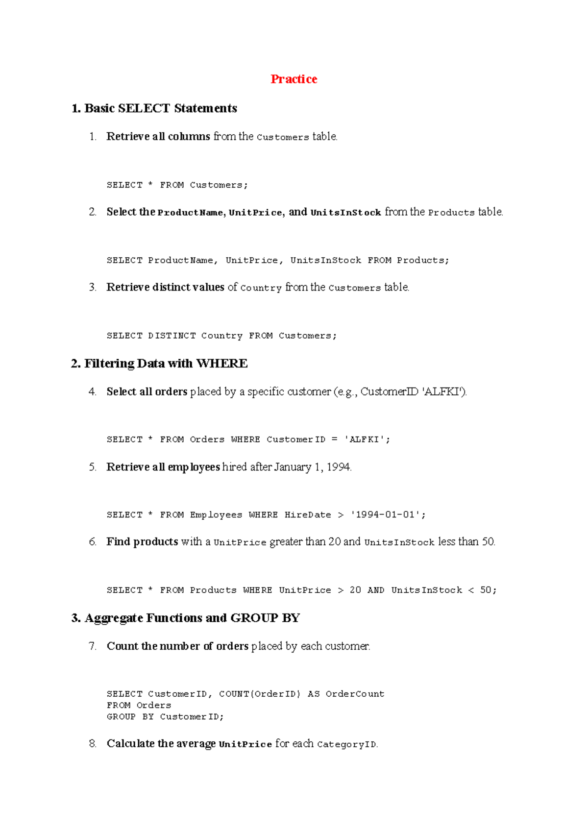 SQL Practice Exercise - Lecture note database - Practice 1. Basic ...