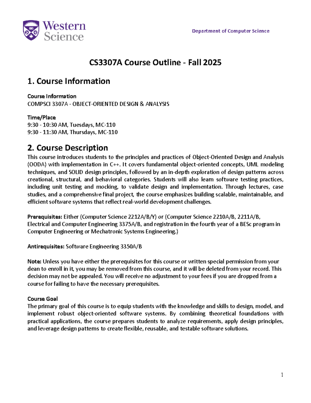 CS3307A Course Outline: Design Analysis for Fall 2025 - Studocu