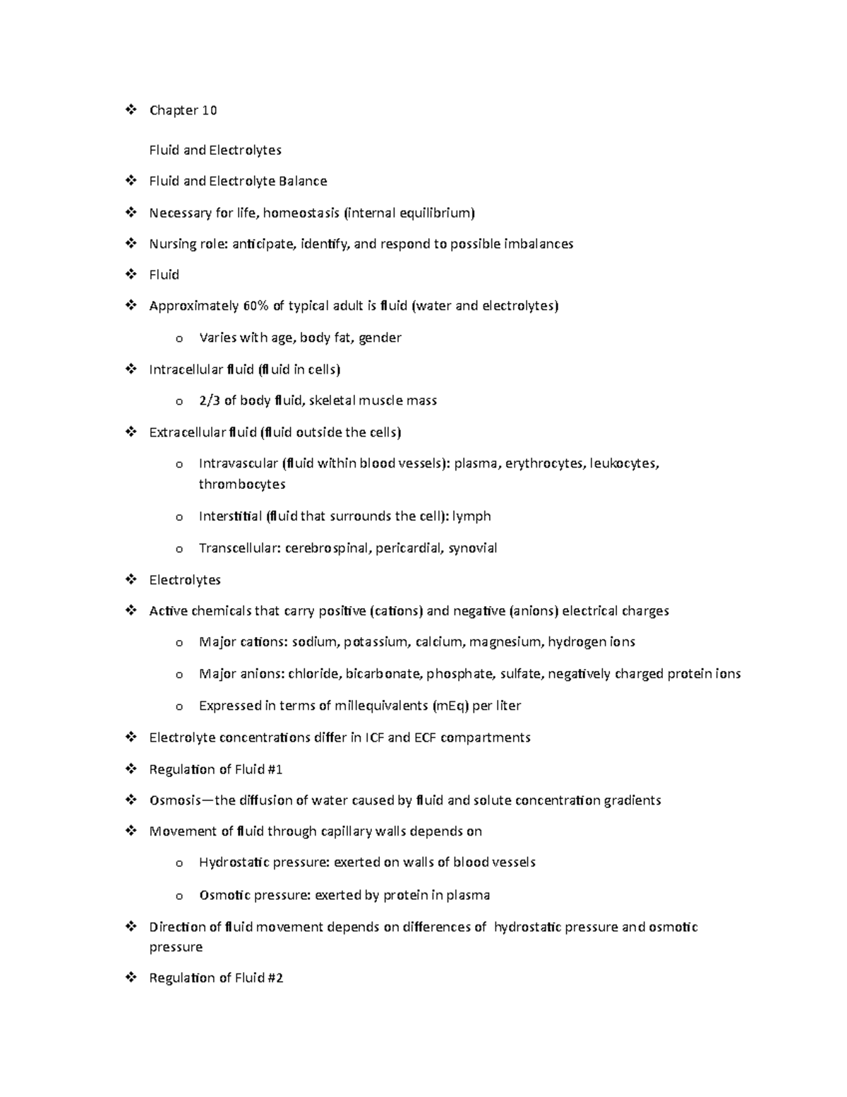 Chapter 10 - Fluid and Electrolyte Management Notes - Studocu