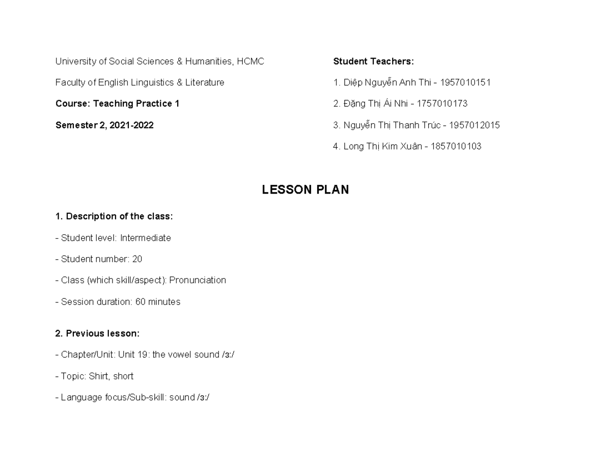[TP1] Lesson Plan on Pronunciation: Sound /ɔɪ/ for Group 6 - Studocu