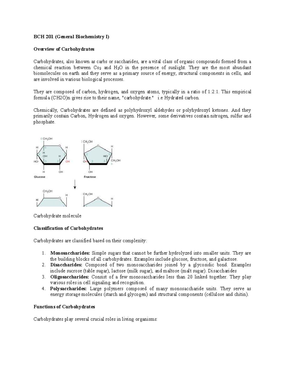 BCH 201 (General Biochemistry I) Carbohydrates Lecture Notes - Studocu