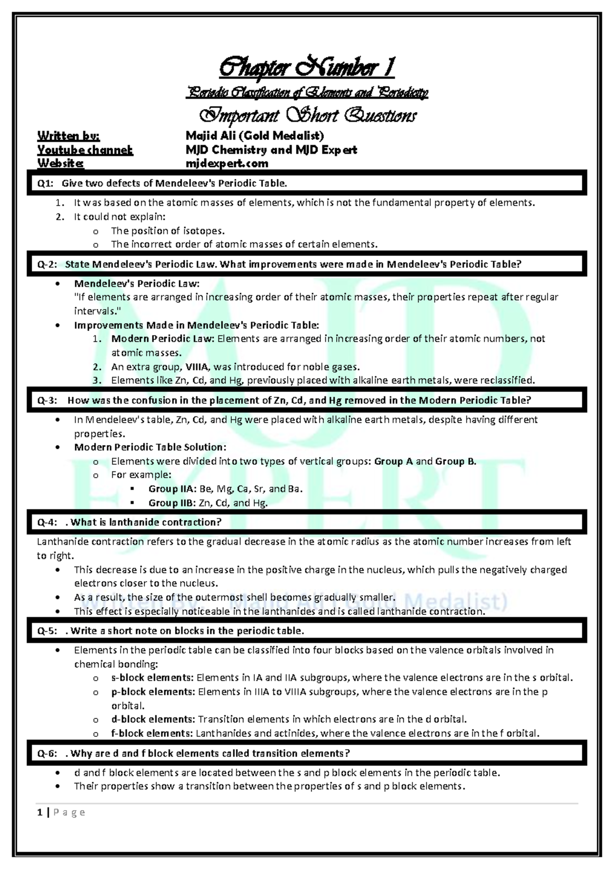 Chemistry 12: Chapter 1 - Periodic Classification of Elements Short ...