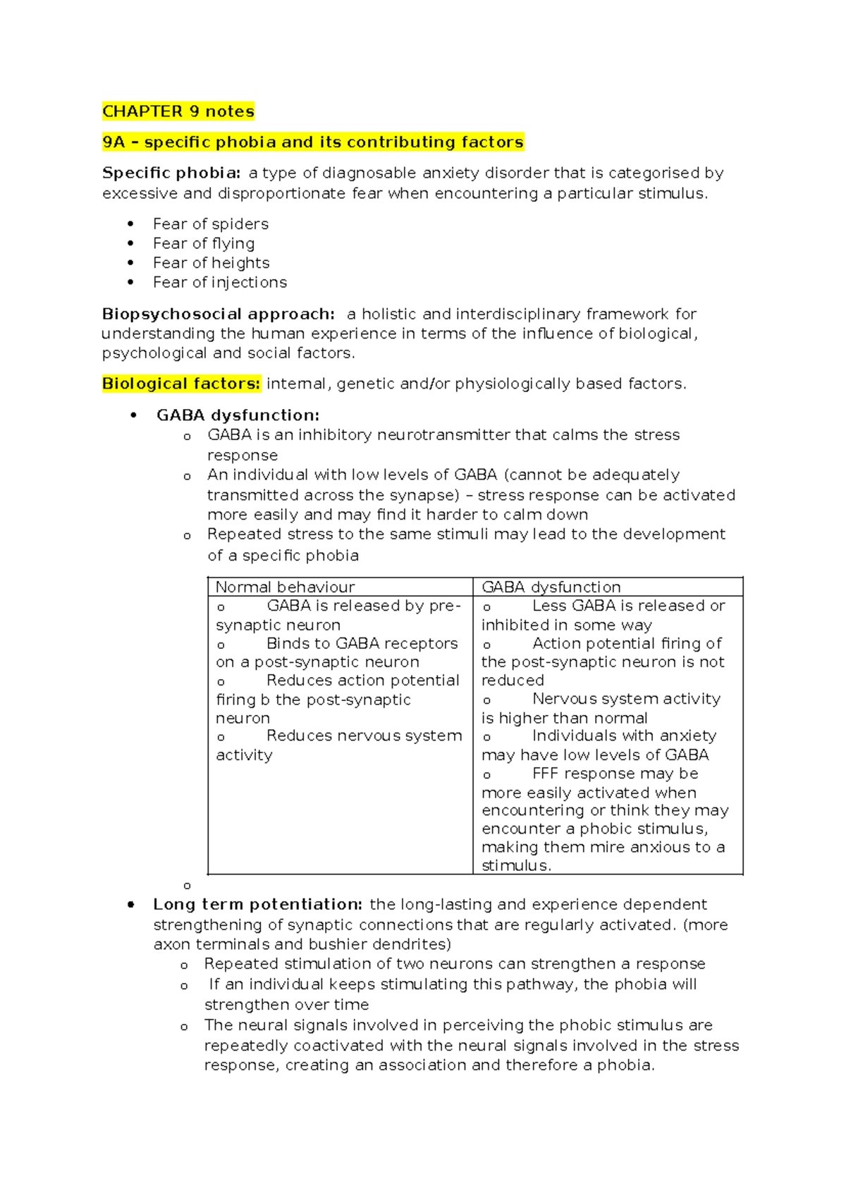 CHAPTER 9 Notes: Understanding Specific Phobia and Its Factors - Studocu
