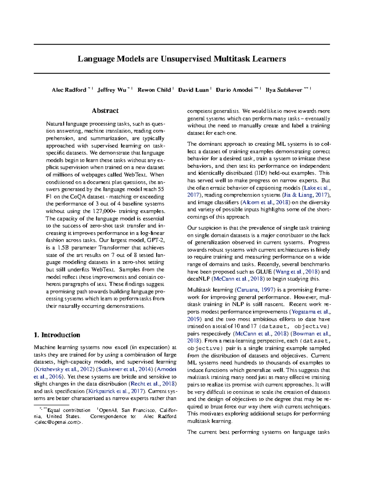 Language models are unsupervised multitask learners - Alec Radford * 1 Jeffrey Wu * 1 Rewon ...