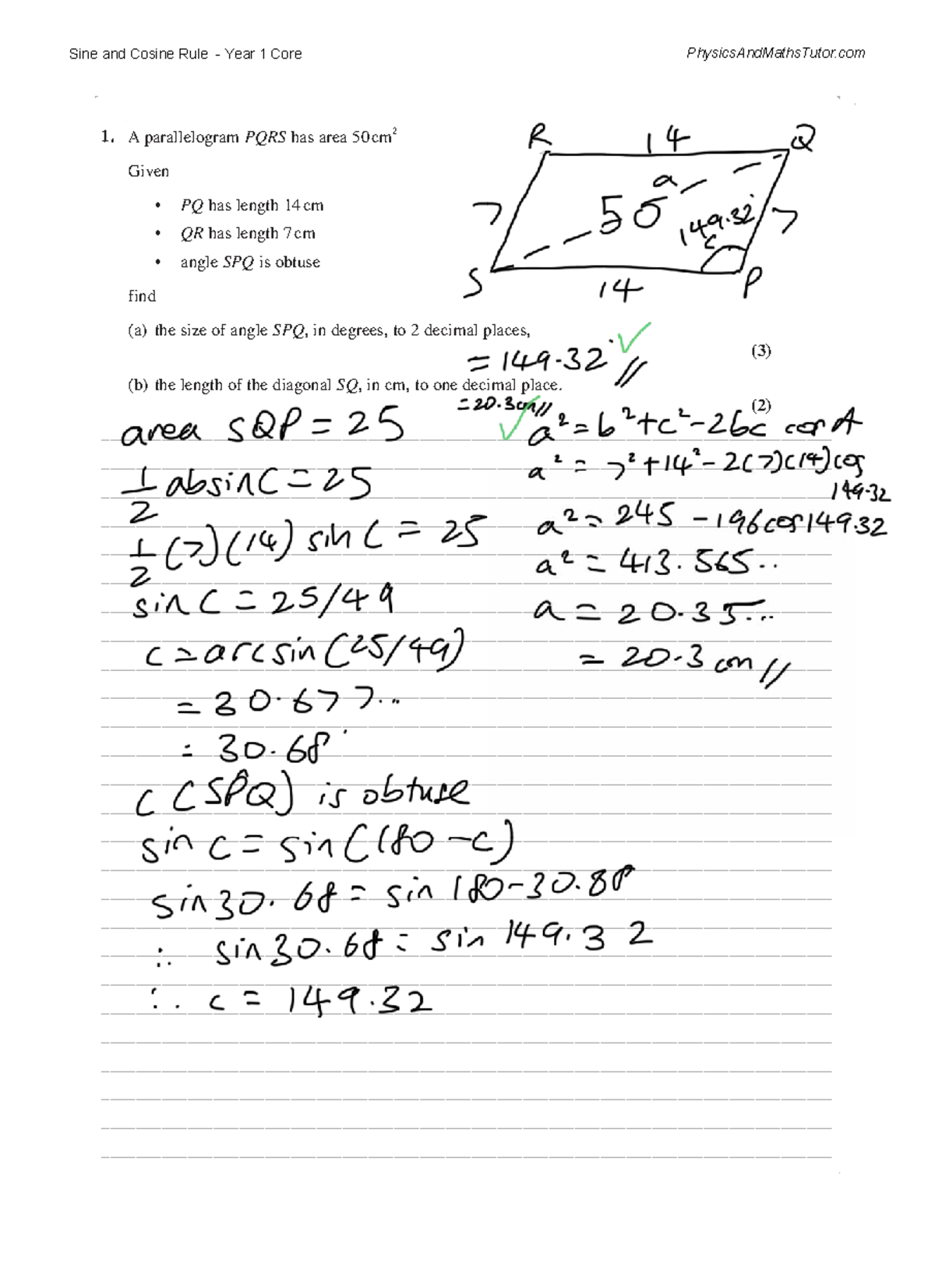 Sine and Cosine Rule Year 1 Homework Workthrough Answers - Studocu