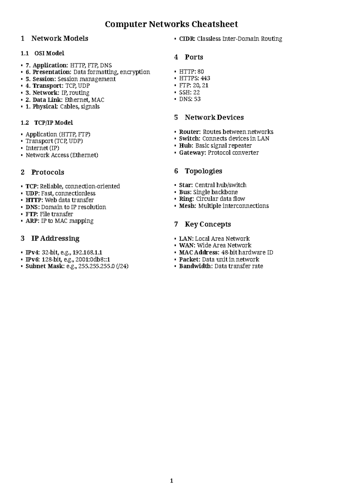 Computer Networks Cheatsheet: Network Models & Protocols (CIDR) - Studocu