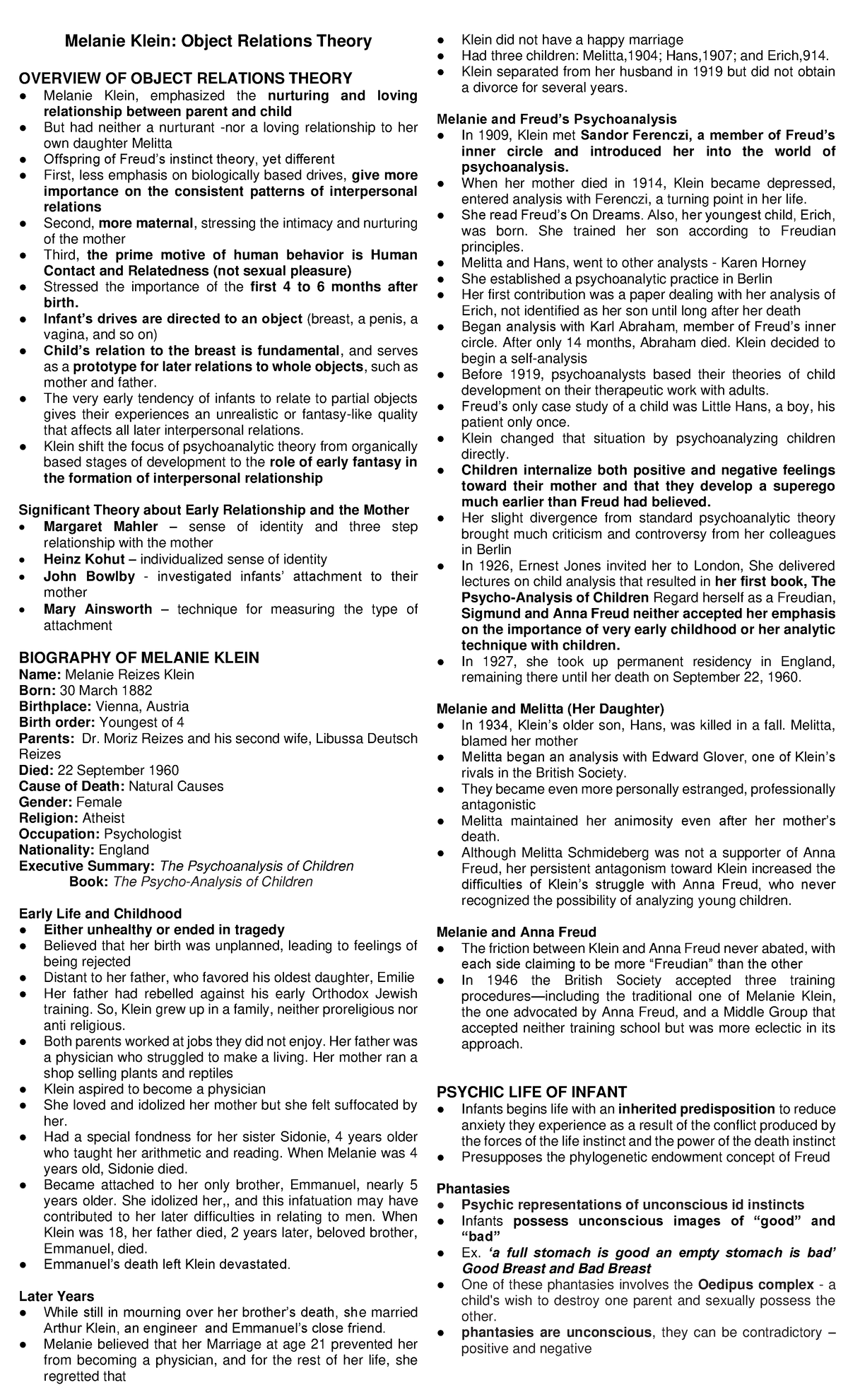 [theories Of Personality] Chapter 5 Melanie Klein Object Relations