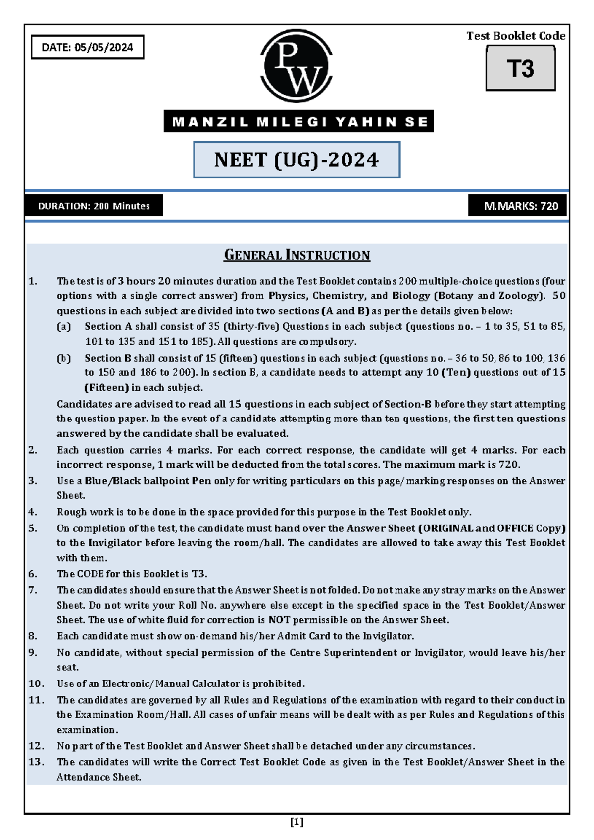 NEET T3 Test Booklet: Physics, Chemistry & Biology Exam Guide - Studocu