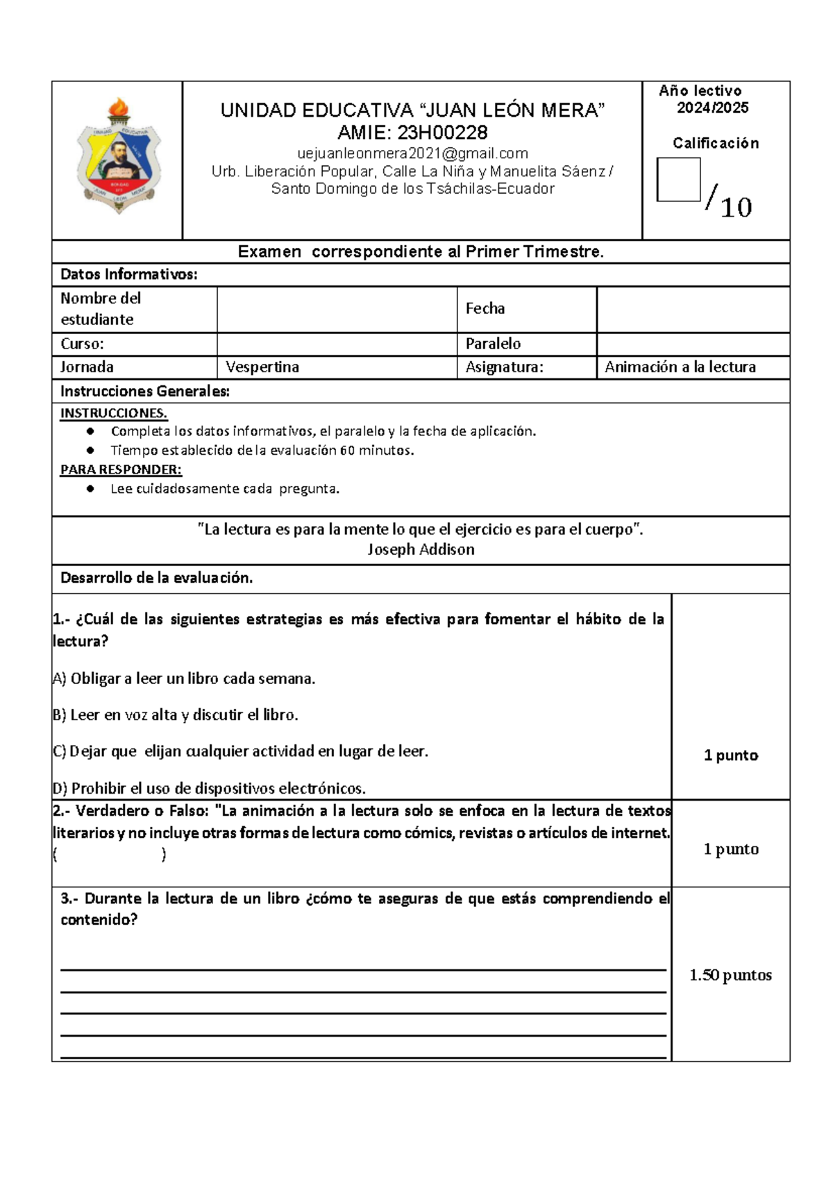 Calificación Examen Primer Trimestre: Animación a la Lectura 23H00228 - Studocu