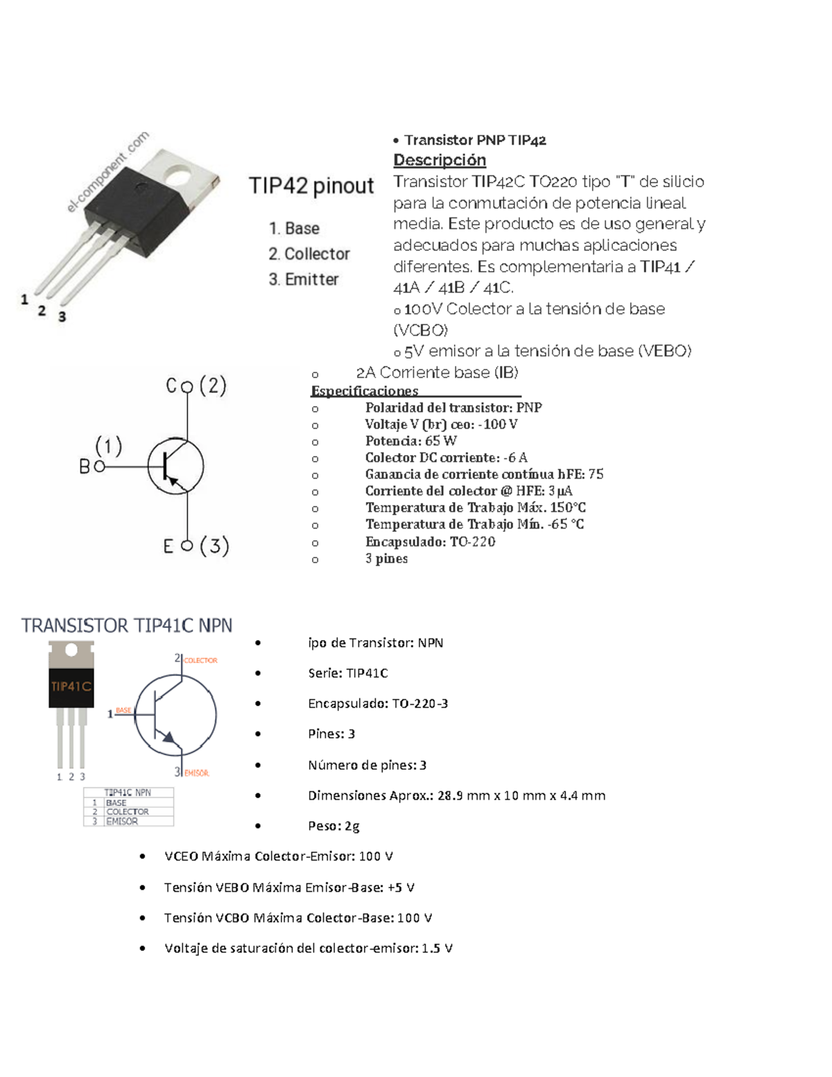 Hoja de Datos del Transistor PNP TIP42C para Conmutación de Potencia ...