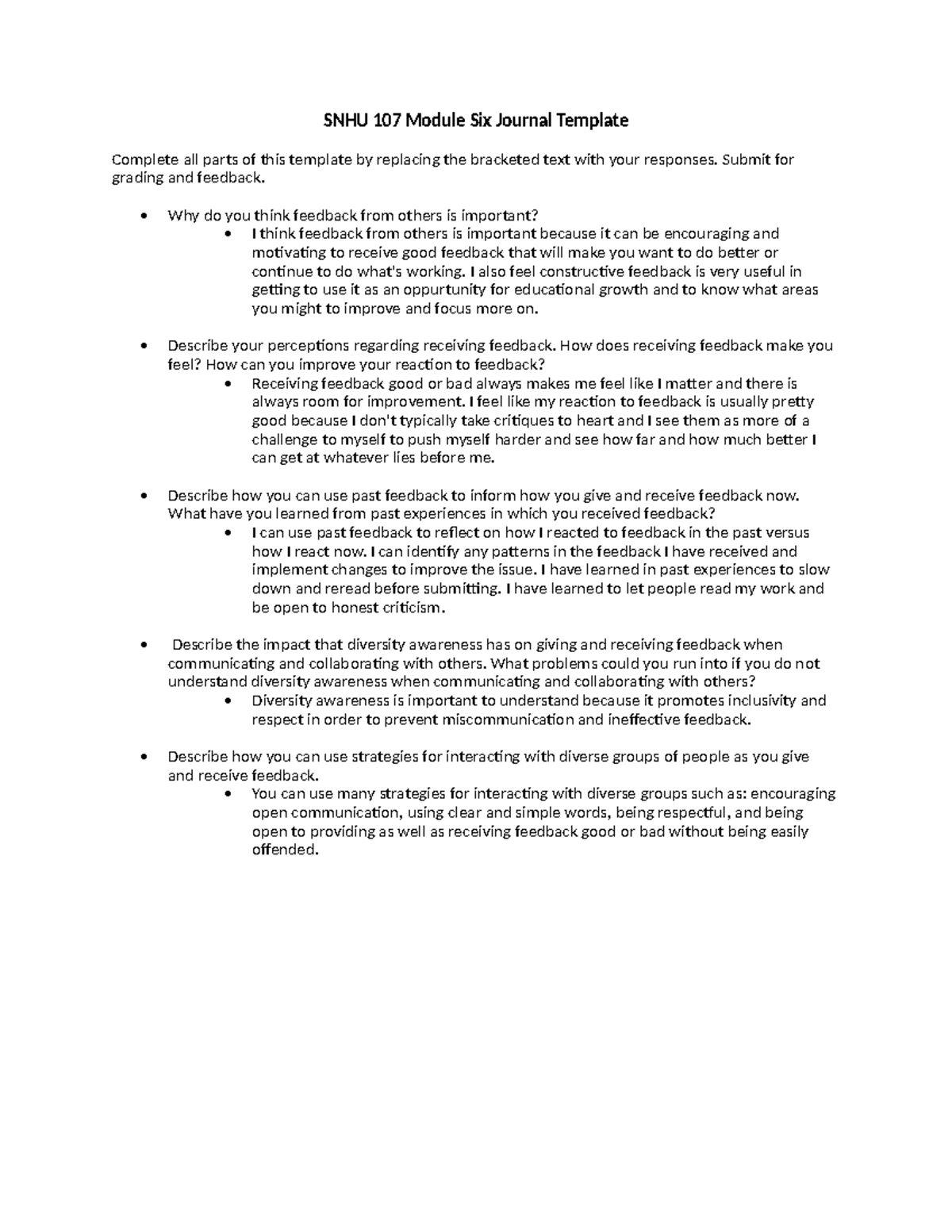 SNHU 107 Module Six Journal: Importance of Feedback and Diversity ...