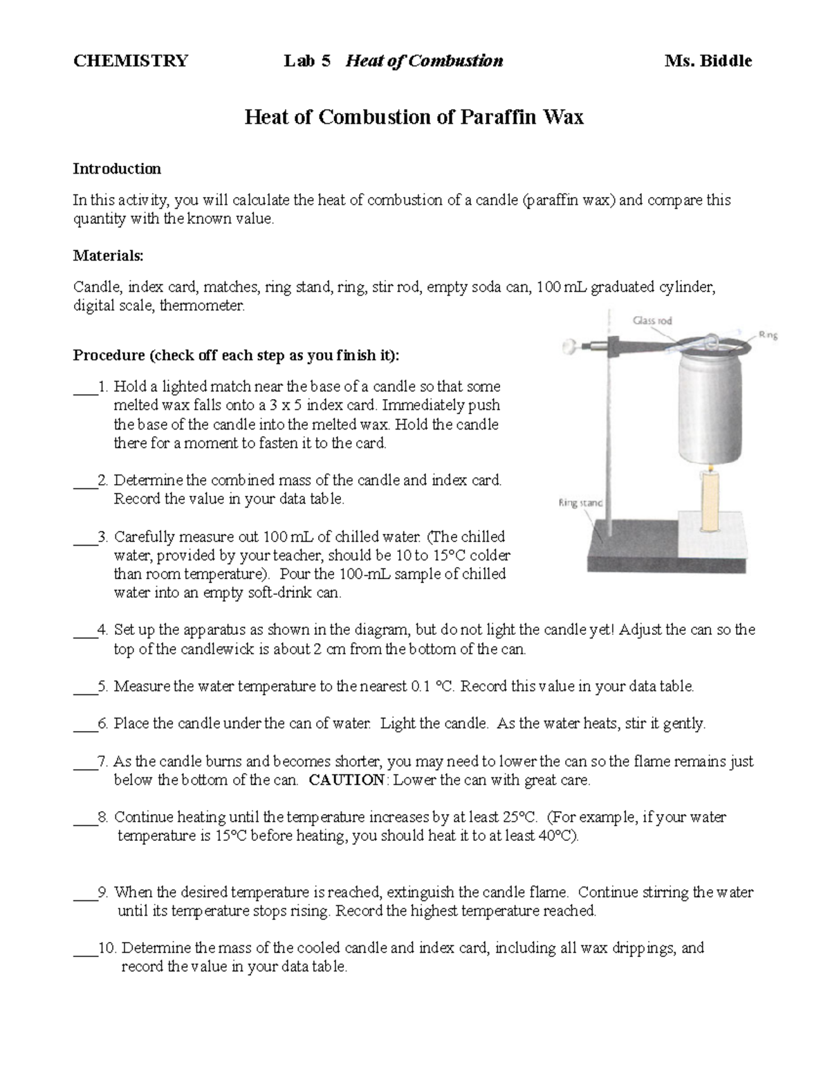 Lab5 Heat Of Combustion Notes Report - CHEMISTRY Lab 5 Heat of ...