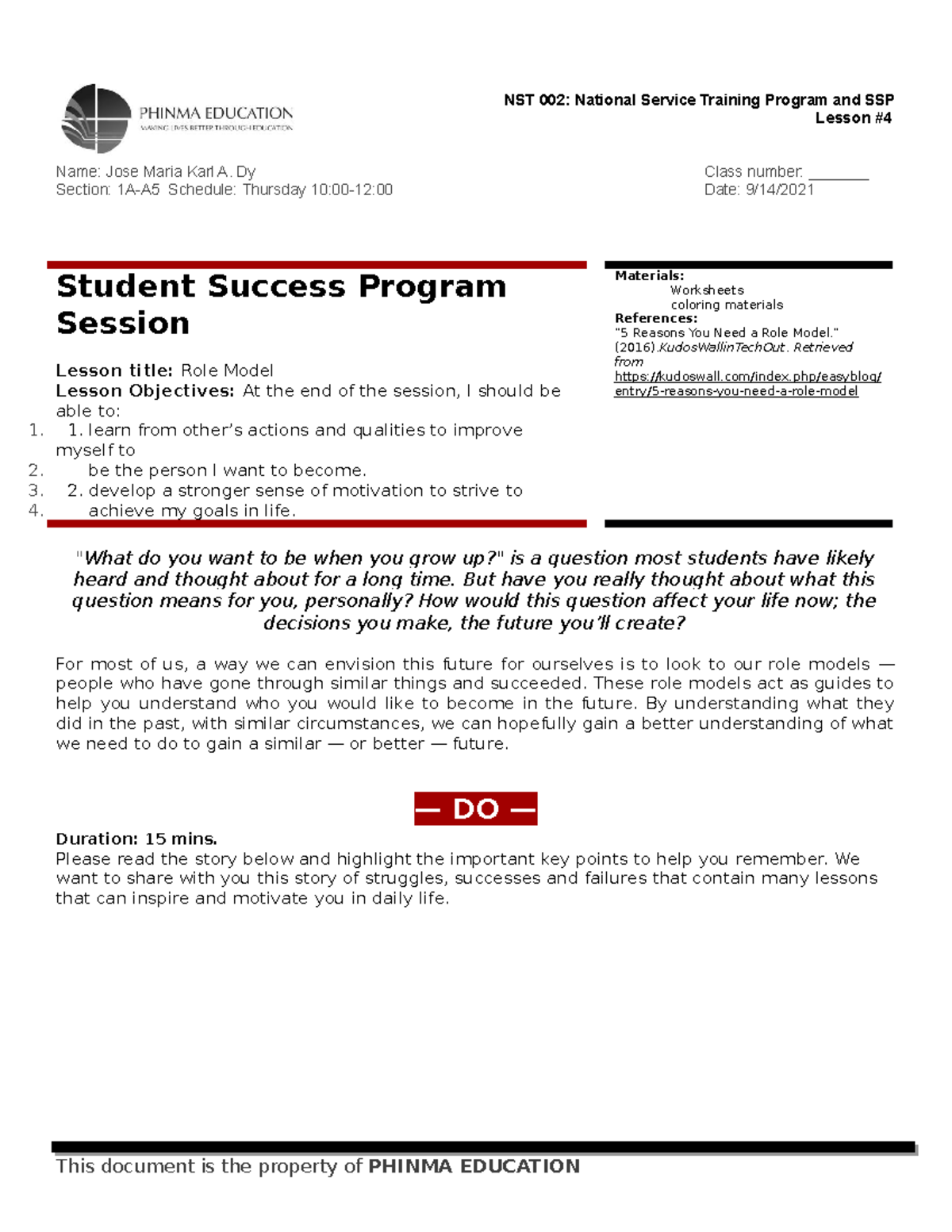 SAS 4 NST 002 Role Model - SJC - Lesson # Name: Jose Maria Karl A. Dy ...