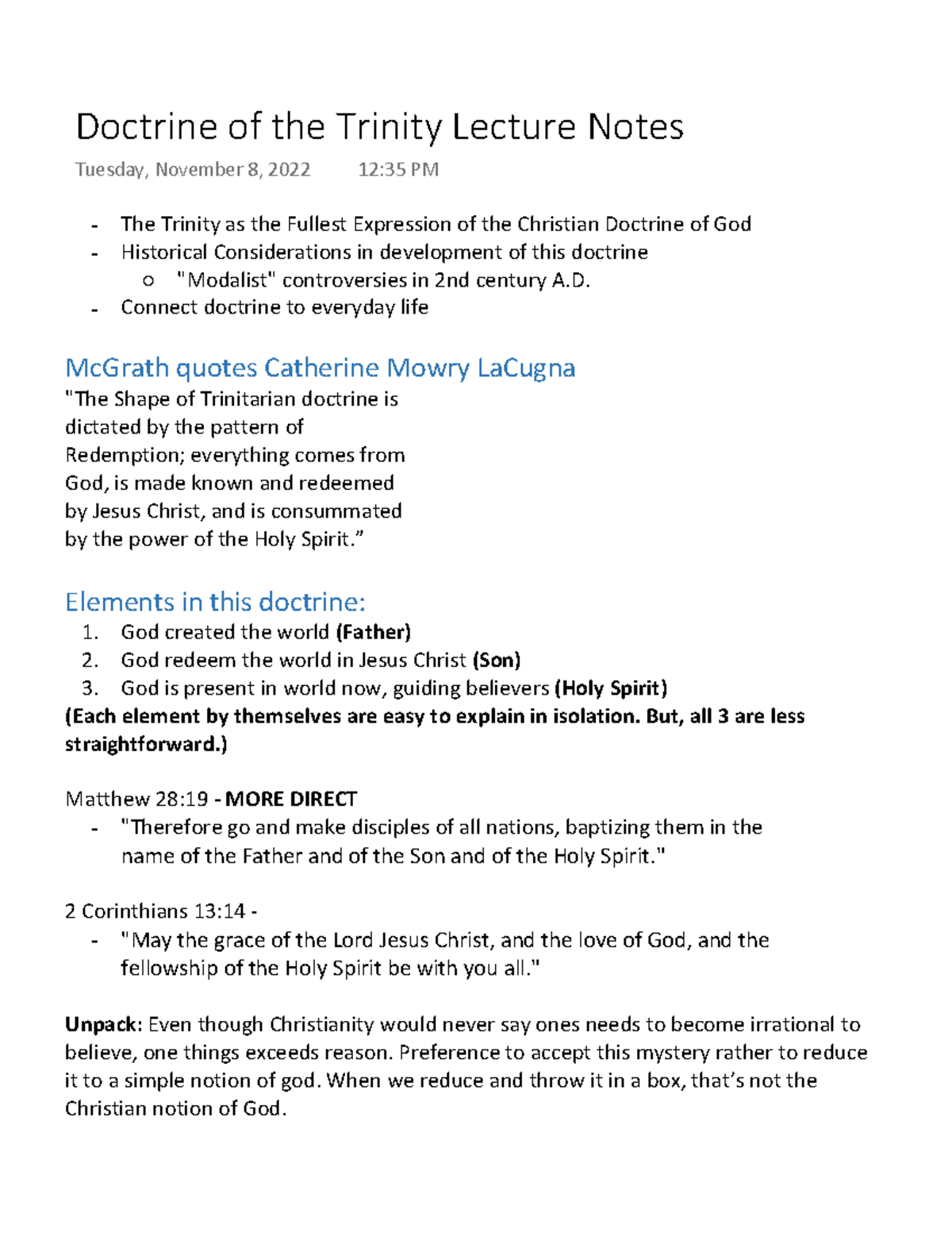 Doctrine of the Trinity Lecture Notes - The Trinity as the Fullest ...