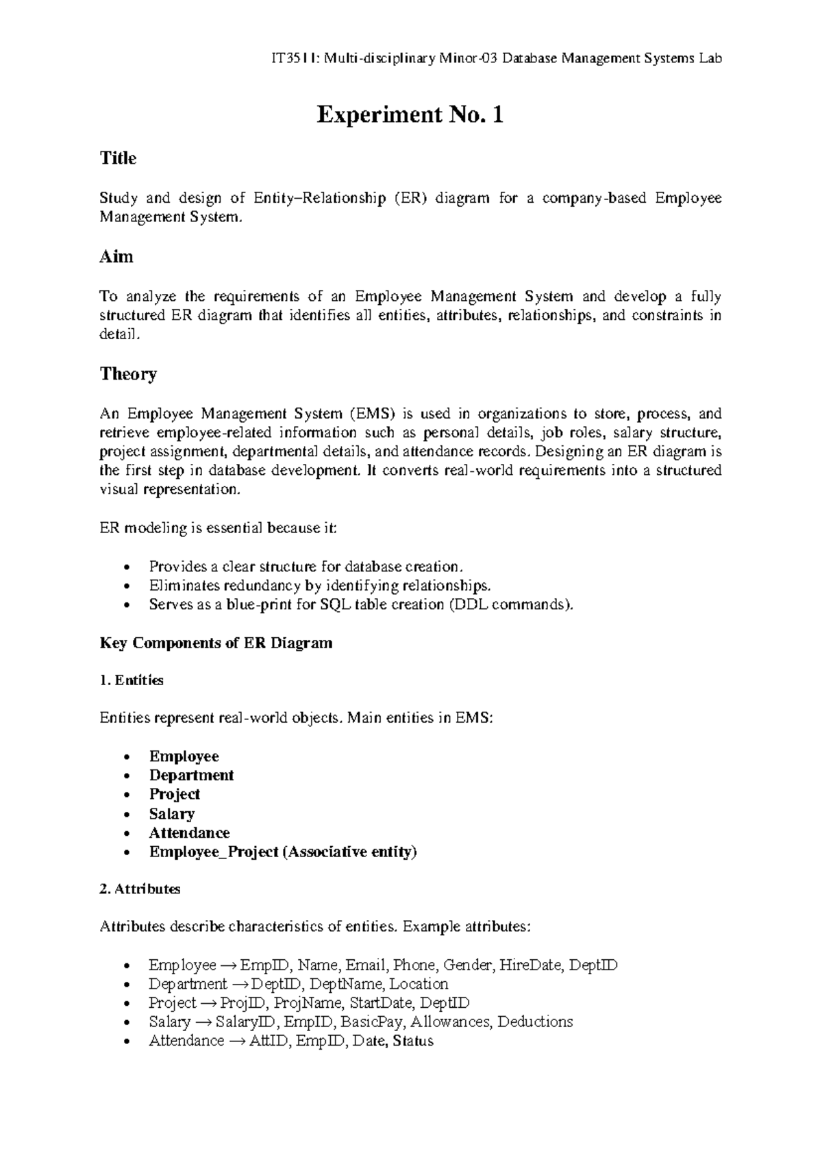 IT3511: Database Management Systems Lab - ER Diagram for Employee Management - Studocu