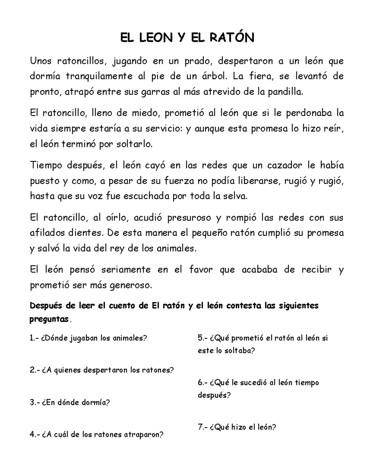 Lecturas comprension 2b - EL LEON Y EL RATÓN Unos ratoncillos, jugando ...
