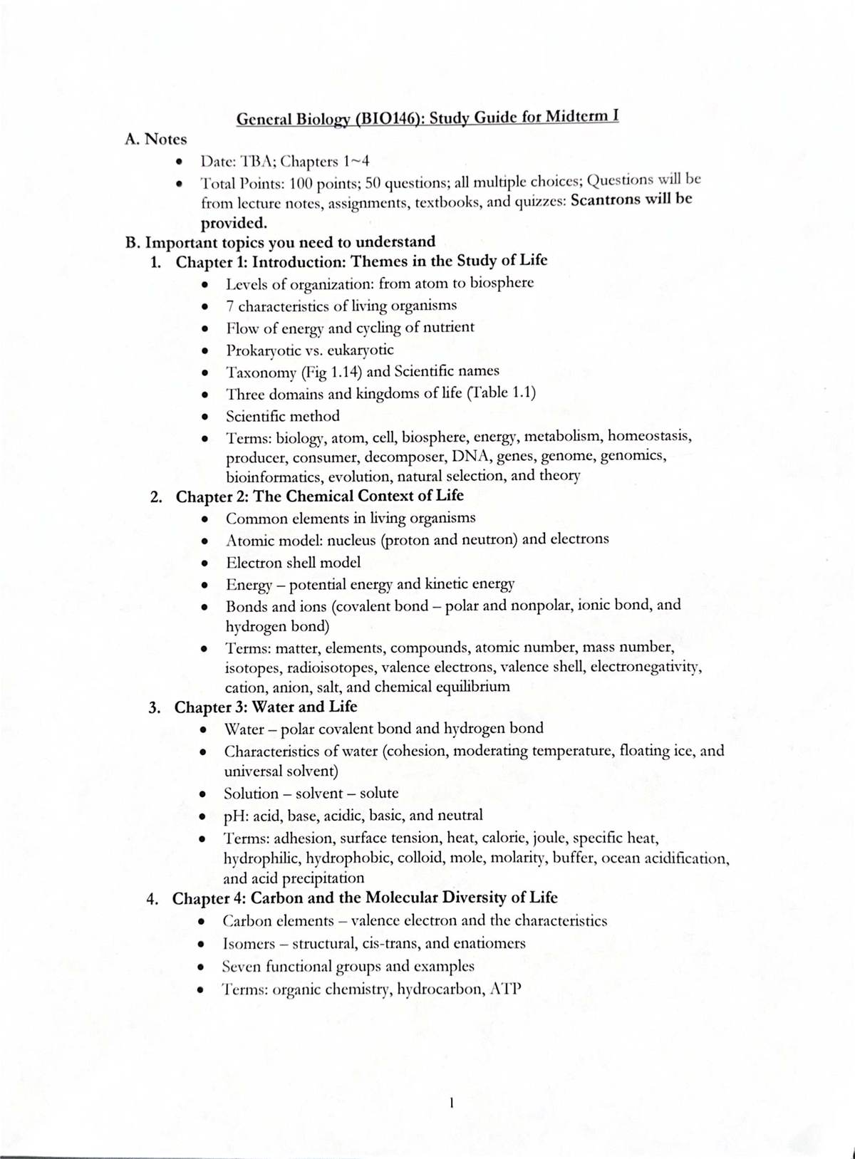 General Biology (BIO146): Midterm A Study Guide and Notes - Studocu