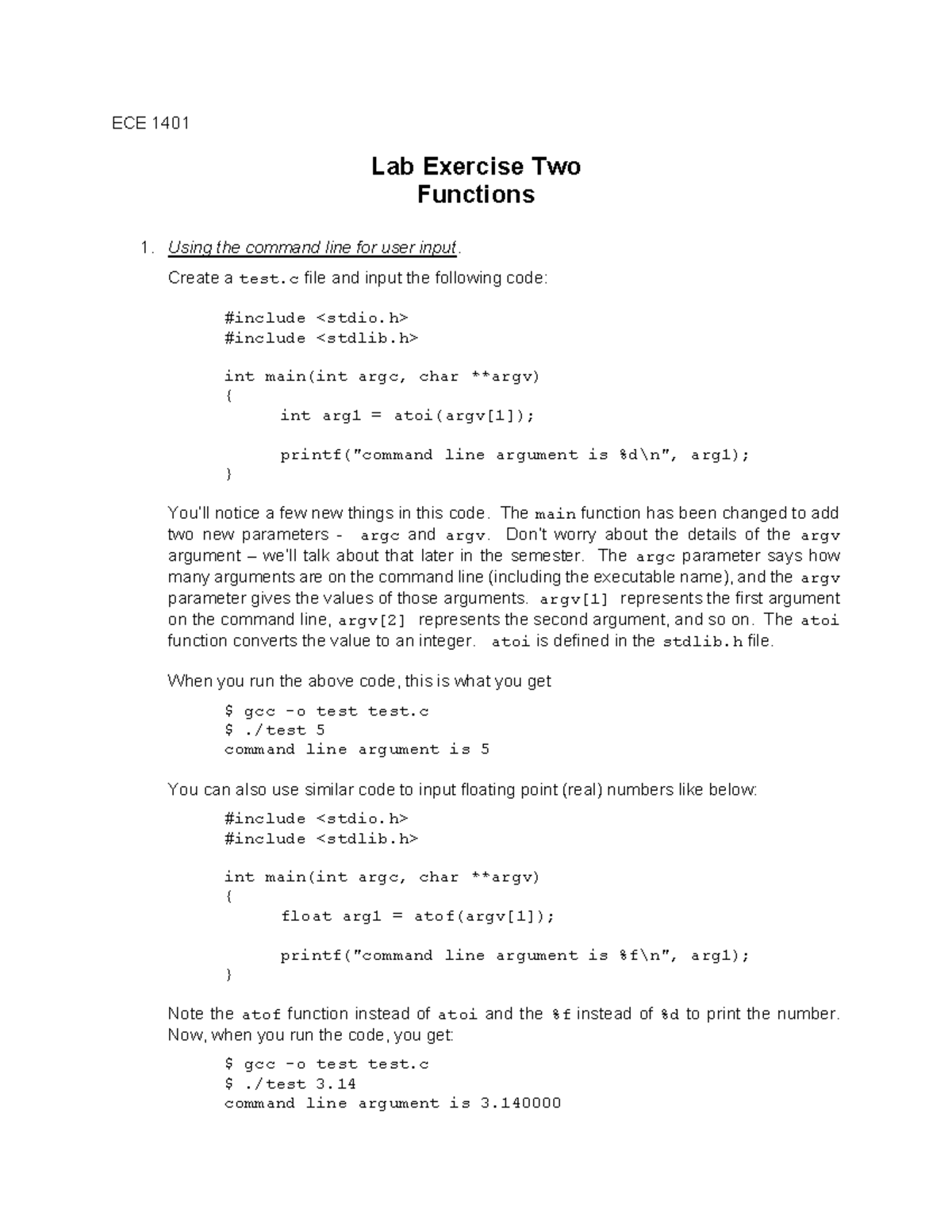ECE 1401 Lab Exercise: Command Line User Input Functions - Studocu