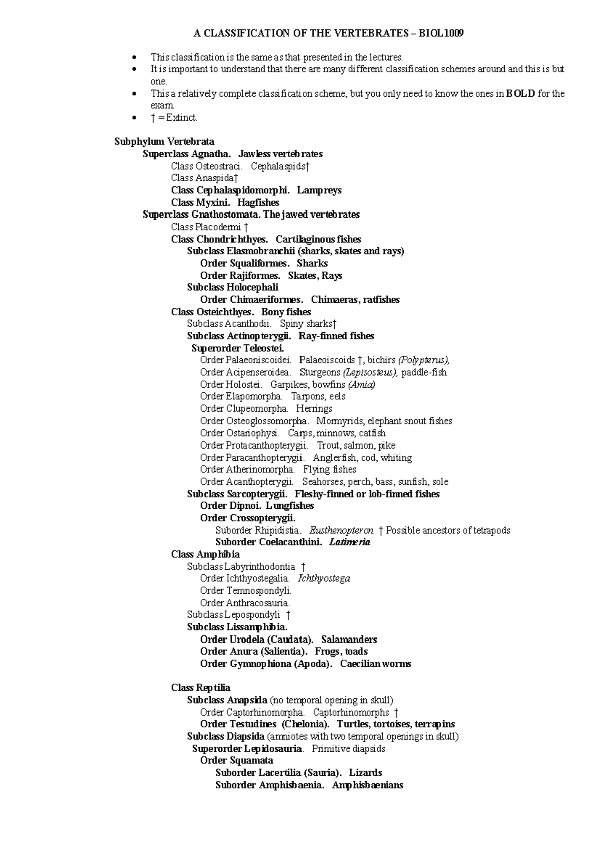 Classification Of Vertebrates For Test - A CLASSIFICATION OF THE ...