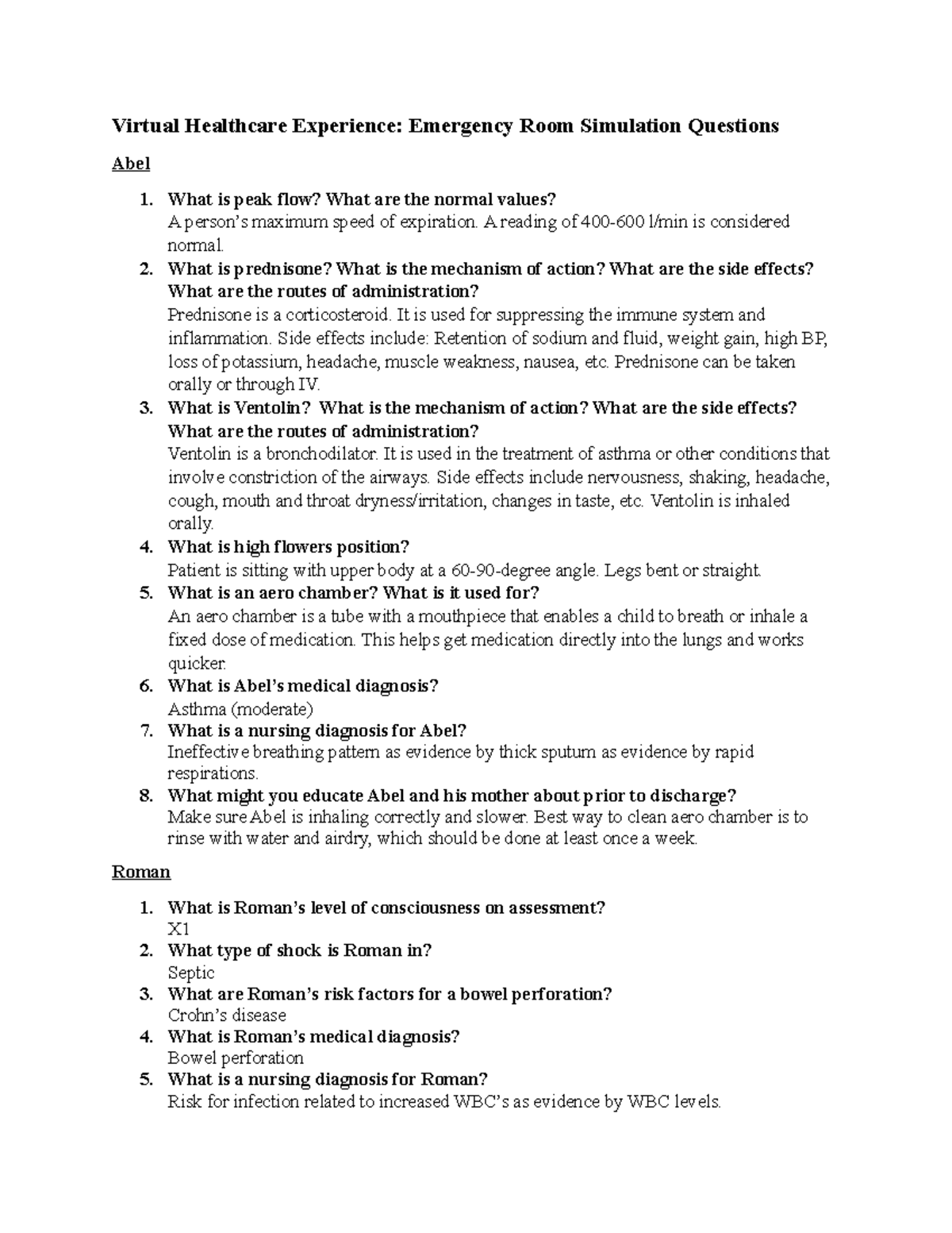 Emergency Room Simulation Questions Overview: Virtual Healthcare - Studocu