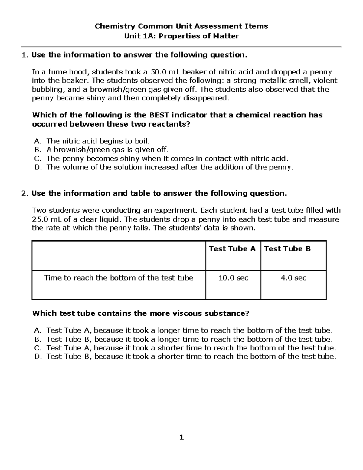 Chemistry Unit 1A: Common Assessment Items on Properties of Matter ...
