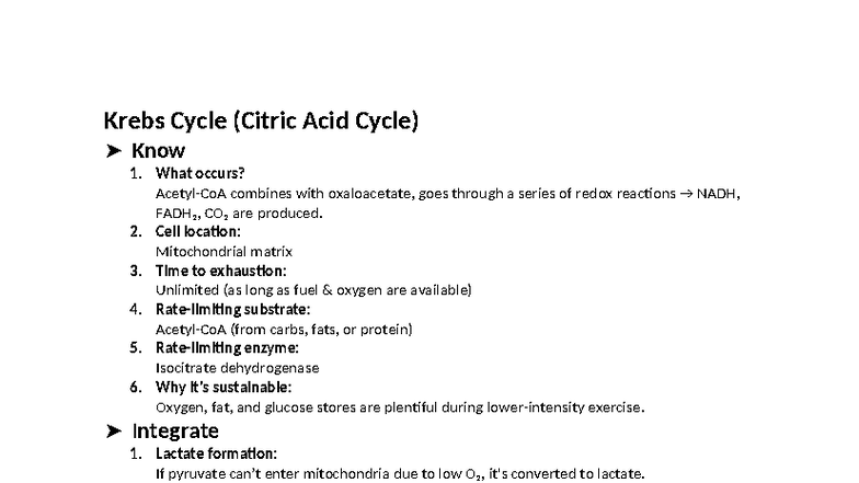 Krebs Cycle (Citric Acid Cycle) Overview and Applications - Studocu