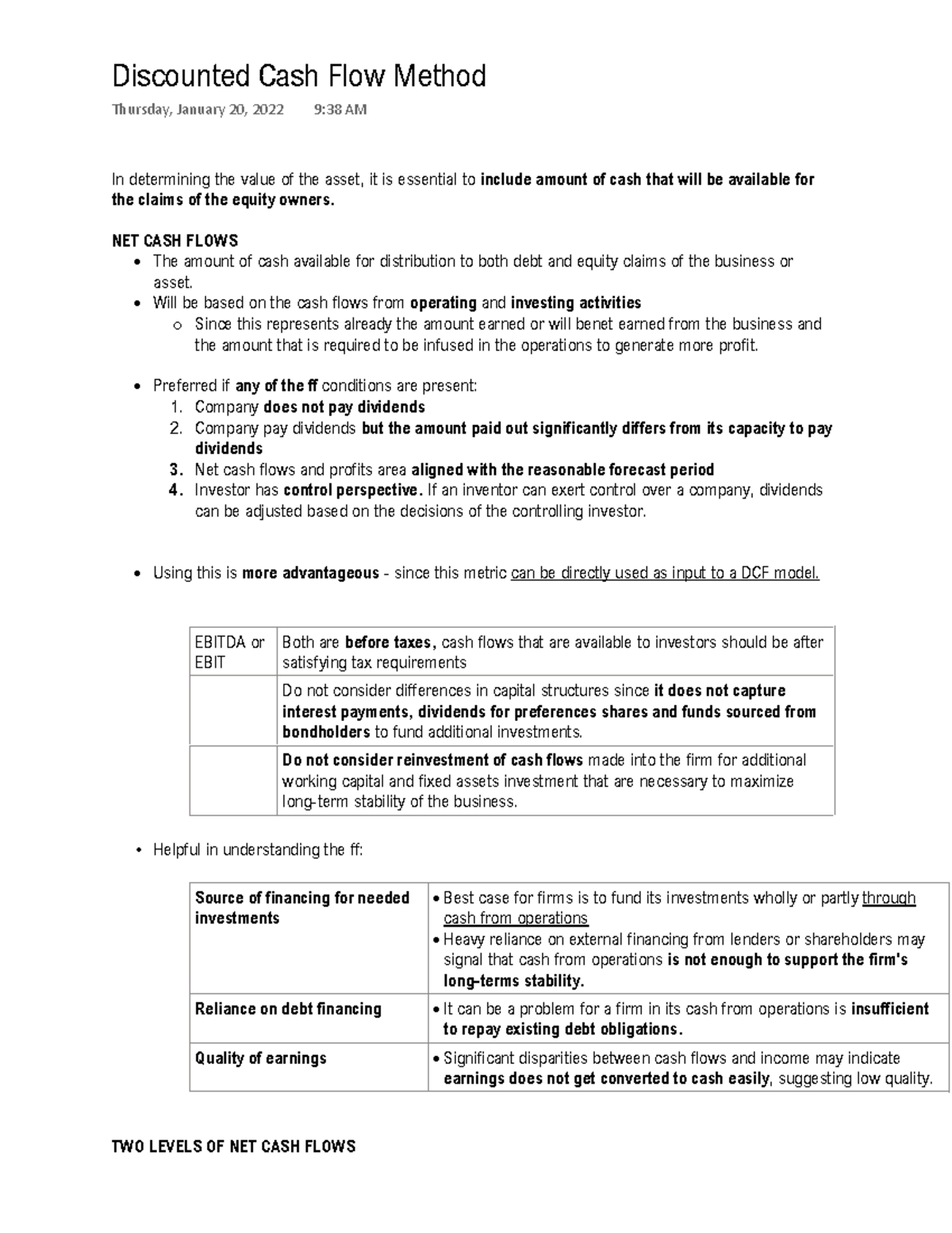 Discounted Cash Flow Method and Net Cash Flows Analysis - Studocu