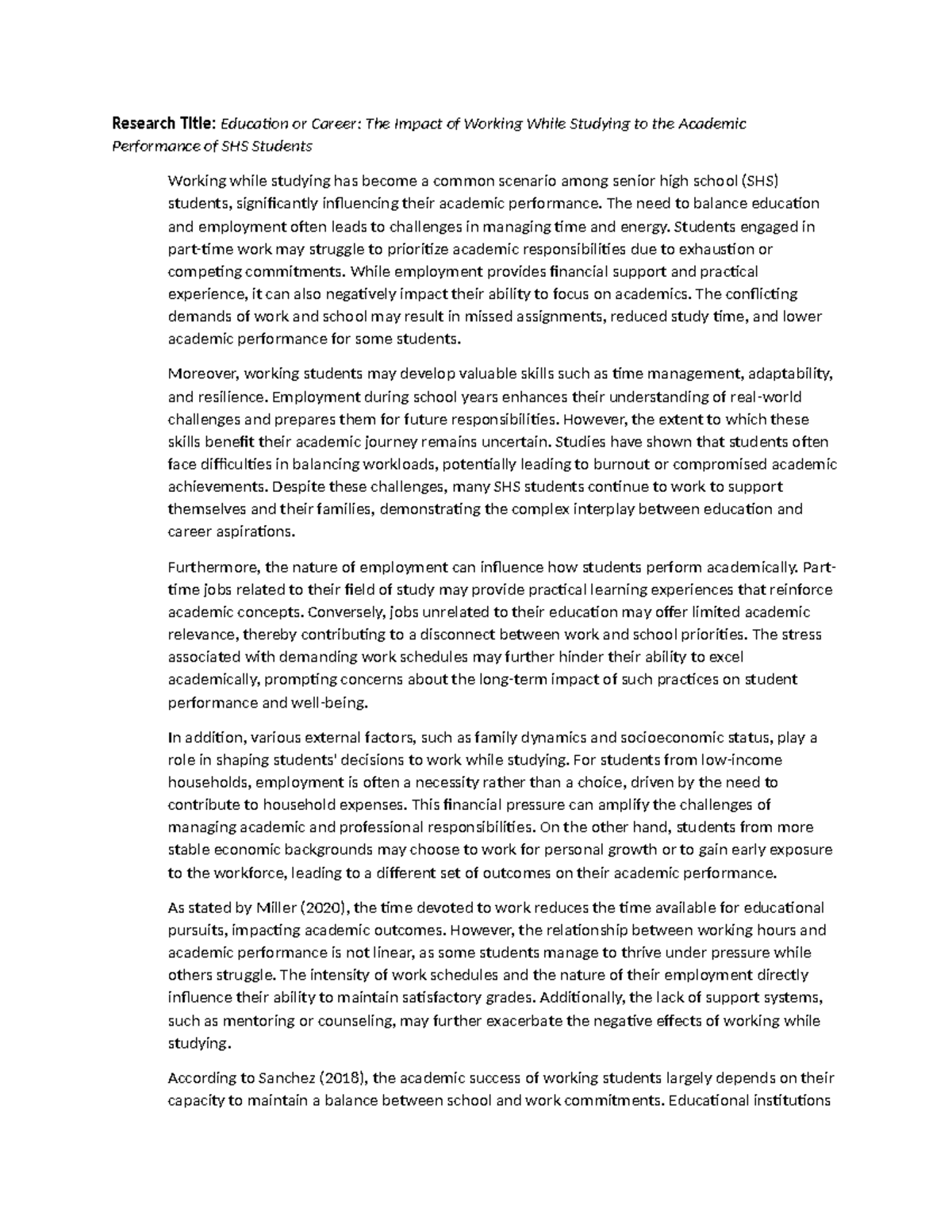 The Impact of Working While Studying on SHS Academic Performance - Studocu