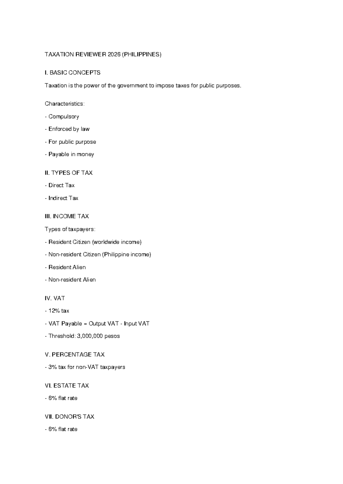 TAXATION REVIEWER 2026: BASIC CONCEPTS & TYPES OF TAXES - Studocu